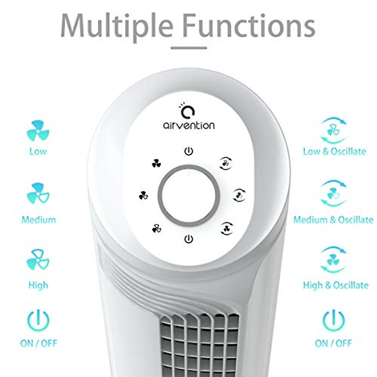 Airvention Tower Fan for Bedroom, Ultra Quiet Breezing, 90° Wide Angle Oscillating Air Circulator, 3 Speed Levels, Small Footprint Design, 32 inch Middle Tower Standing Fan, Space Saving, FZ09, White