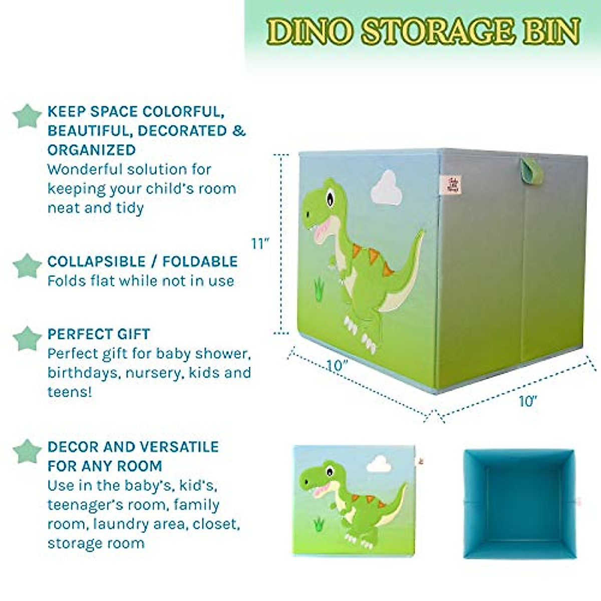 LOVELY LITTLE THINGS STORAGE BIN - Dino Storage Bins Foldable - Toy Box Collapsible Cube - Boxes for Shelves - Storage Box Decorative - Kids Toys Organizer - (Square Dino Trio)