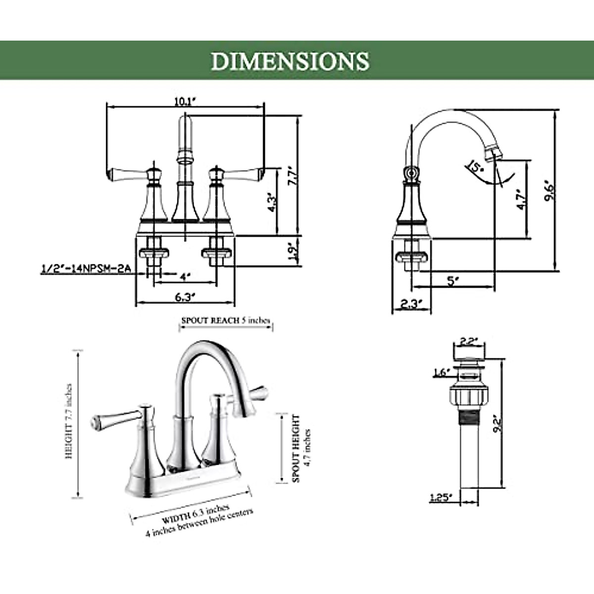 TimeArrow Chrome 4 Inch Two Handle Centerset Bathroom Sink Faucet 3 Holes with Pop up Drain, High Arc Modern Bathroom Vanity Lavatory Faucet with Brass 360° Swivel Spout, TAF067Y-CP