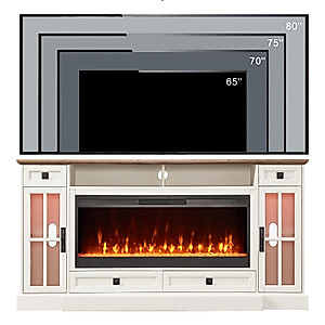 OKD Fireplace TV Stand for 80 Inch TV, Farmhouse Entertainment Center with 42" Fireplace & LED Lights, Modern Media Console Table with Storage Drawers & Cabinets for Living Room, Antique White