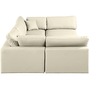 Meridian Furniture 188Cream-Sec6C Comfy Collection Modern | Contemporary Upholstered Modular Sectional, Soft Cream Vegan Leather, Fiber-Filled, 119" W x 79" D x 34.5" H, Cream