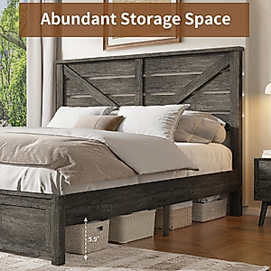 LUXOAK King Size Farmhouse Wooden Bed Frame, Platform Bed Frame with 49.2" Headboard/No Box Spring Needed/Noisy Free/Easy Assembly/Grey