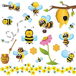RW-1061 3D Bee Wall Decals Bee Flowers Wall Stickers Cartoon Animals Stickers DIY Removable Animals Tree Branch Wall Art Decor for Kids Babys Nursery Bedroom Living Room Playroom Classroom Decoration