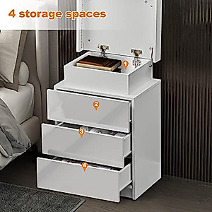 TUKAILAi Set of 2 Modern Nightstand with LED Light, High Gloss Bedside Table Cabinet with 3 Drawers and Top Storage, Chest of Drawers for Bedroom Living Room (White)
