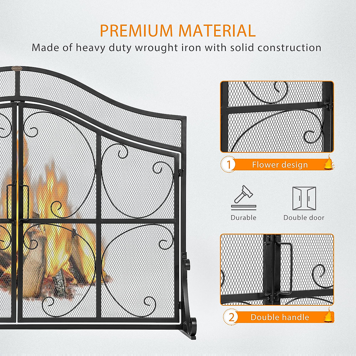 VIVOHOME 43.3 x 34 Inch Wrought Iron Fireplace Screen with Doors Metal Decorative Mesh Fire Spark Large Flat Guard Gate Cover Fireplace Barrier Panels Black