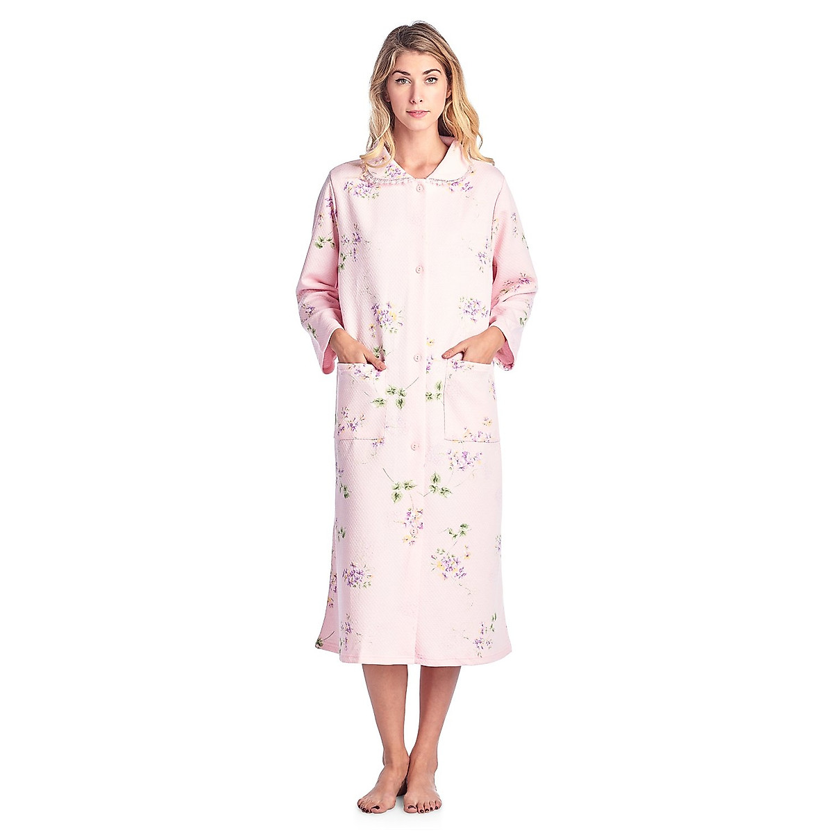 Casual Nights Women's Long Quilted Robe House Dress - Floral Pink - Medium