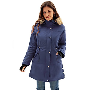 GRACE KARIN Women’s Winter Warm Thickened Outerwear Zip-up Coat Faux Fur Hood Parkas Navy L