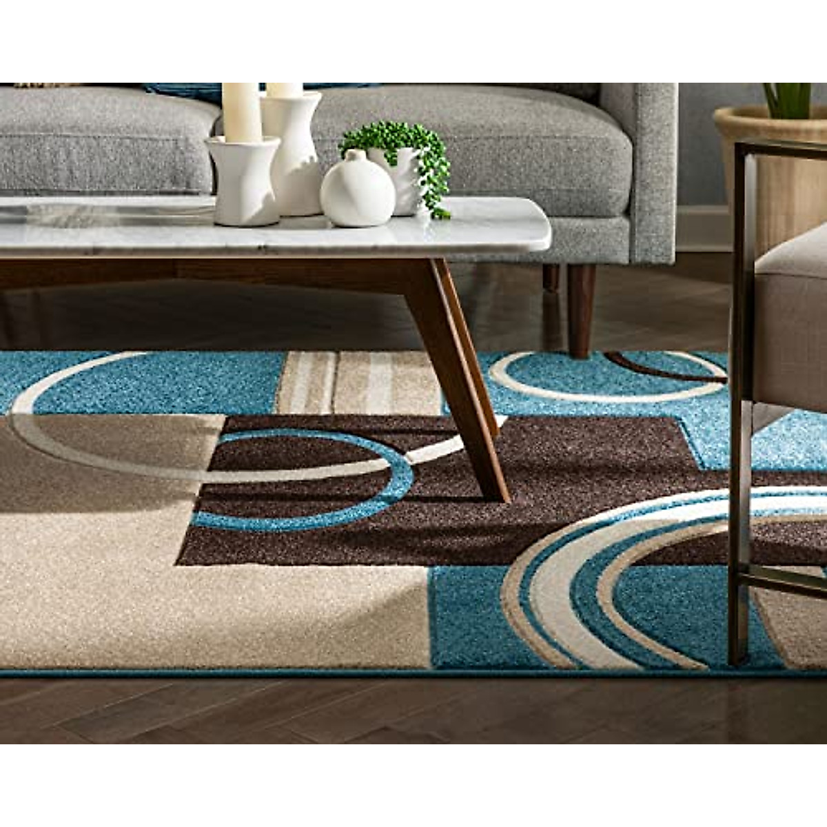 Echo Shapes & Circles Blue & Brown Modern Geometric Comfy Casual Hand Carved Area Rug 5'3" x 7'3" Abstract Contemporary Soft Living Room Rug