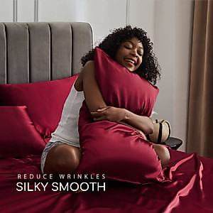 MR&HM Satin Bed Sheets, King Size Sheets Set, 4 Pcs Silky Bedding Set with 15 Inches Deep Pocket for Mattress (King, Burgundy)