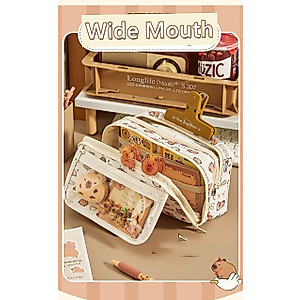 NAPIMICO Flip Top Pencil Case Cute Pencil Pouch with Kawaii Capybara Decors Makeup Bag Aesthetic Pen Holder Office Stationery (Brown)