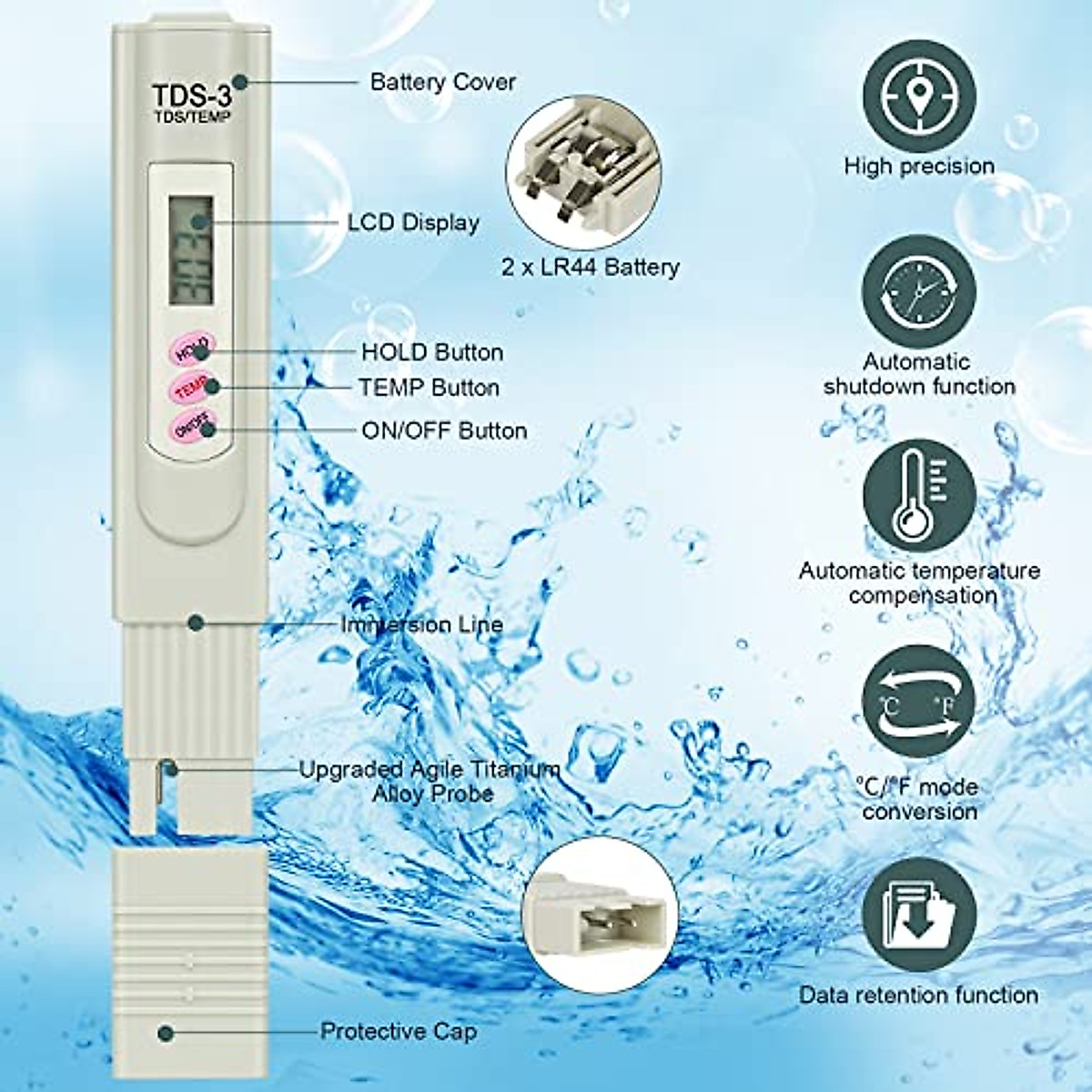 TDS Meter Digital Water Tester, Tuecota TDS Tester Water Quality Tester, Temperature and TDS Meter, Water Quality Meter for Drinking Water, Pool, Aquariums and More