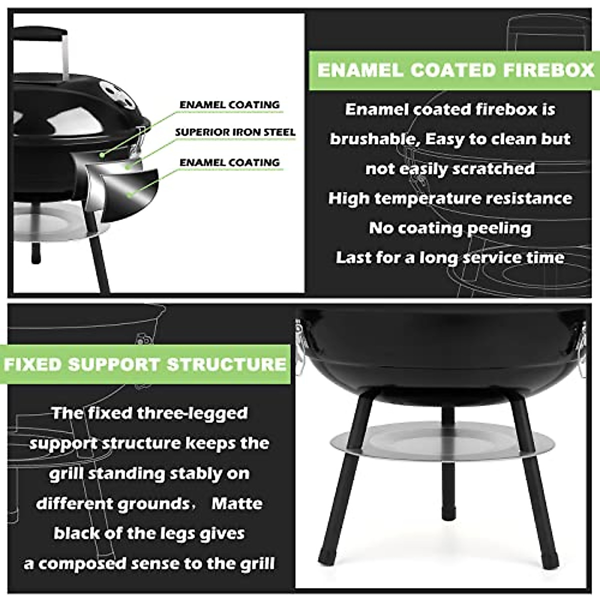 Joyfair Charcoal Grill with 2 Grilling Racks, 14in Small Portable BBQ Grill with Lid for Outdoor Camping/Patio/Backyard Barbecue/Tabletop Cooking, Enamel Coated & Dual Vent System, Black