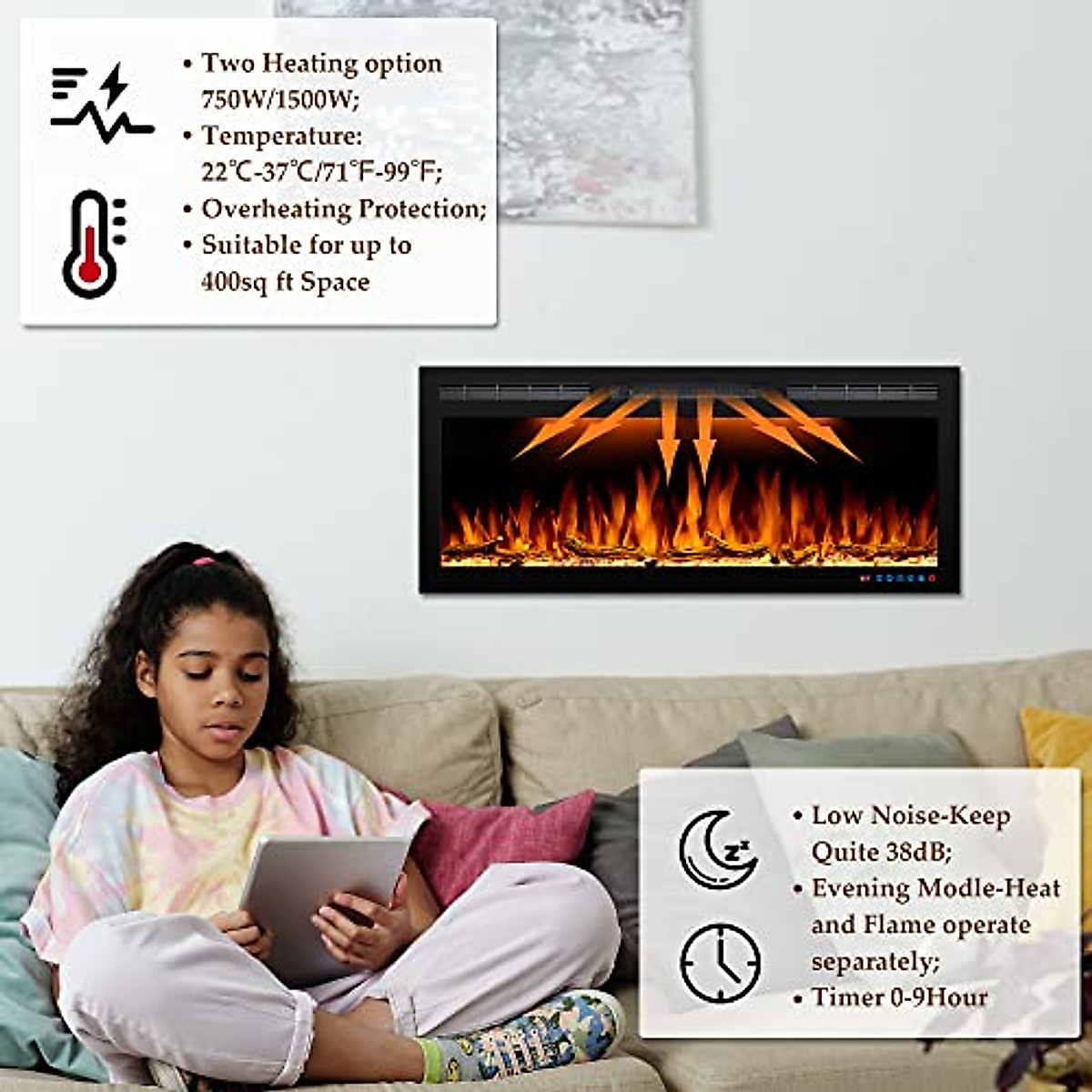 Dreamflame 45inch Linear Electric Fireplace, Recessed & Wall Mounted Fireplace Inserts Electric Heater with Ultra Narrow Bezel, Multiple Flame Effect, Ideal Home Decoration, 750W/1500W, Blackk