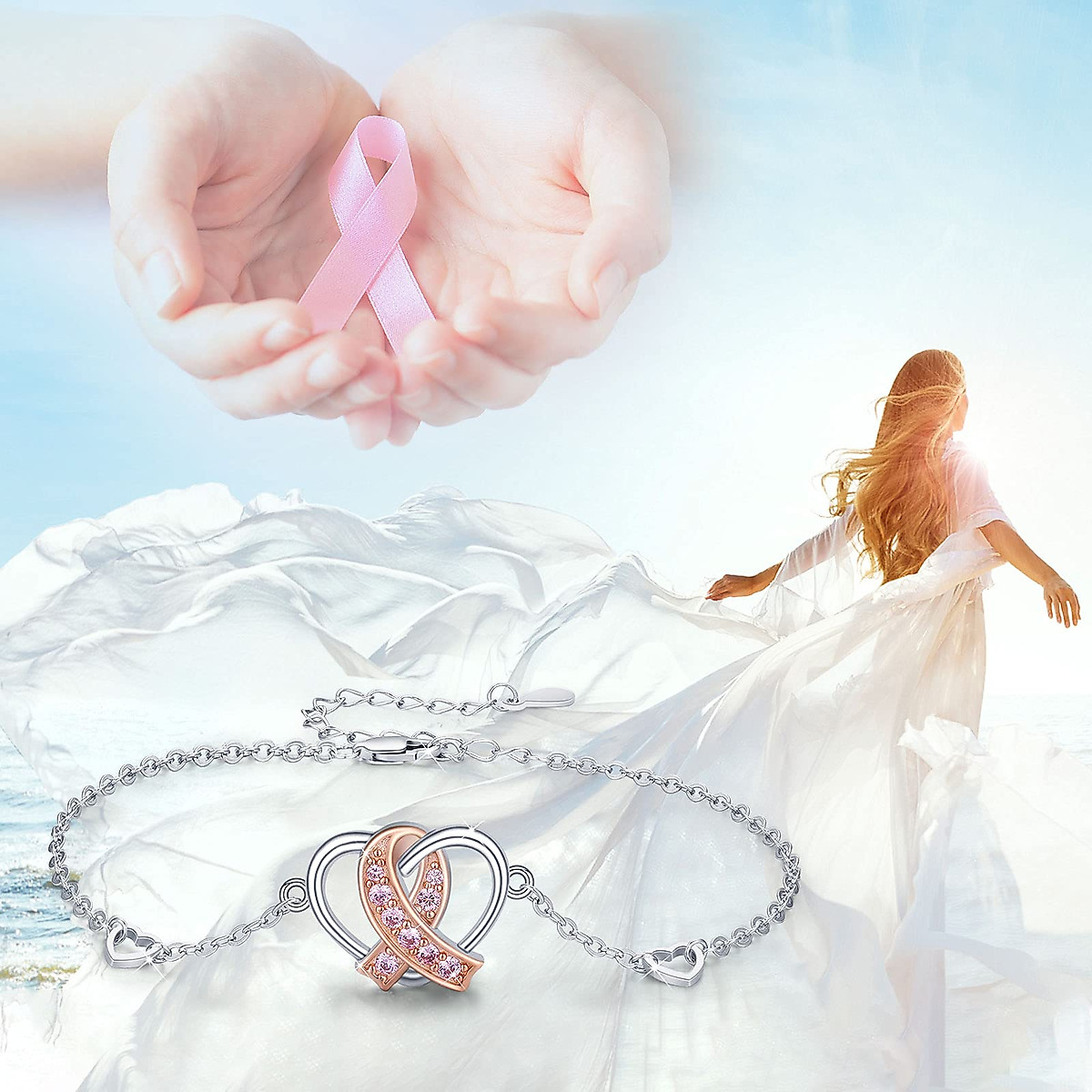 TUGHRA Breast Cancer Awareness Bracelet, 925 Sterling Silver Pink Ribbon Adjustable Chain Bracelet, Hope Jewelry Gifts for Women