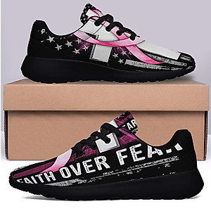 Faith Over Fear Breast Cancer Awareness Shoes Women Fashion Running Sneakers Breathable Casual Sport Tennis Shoes Black Size 11