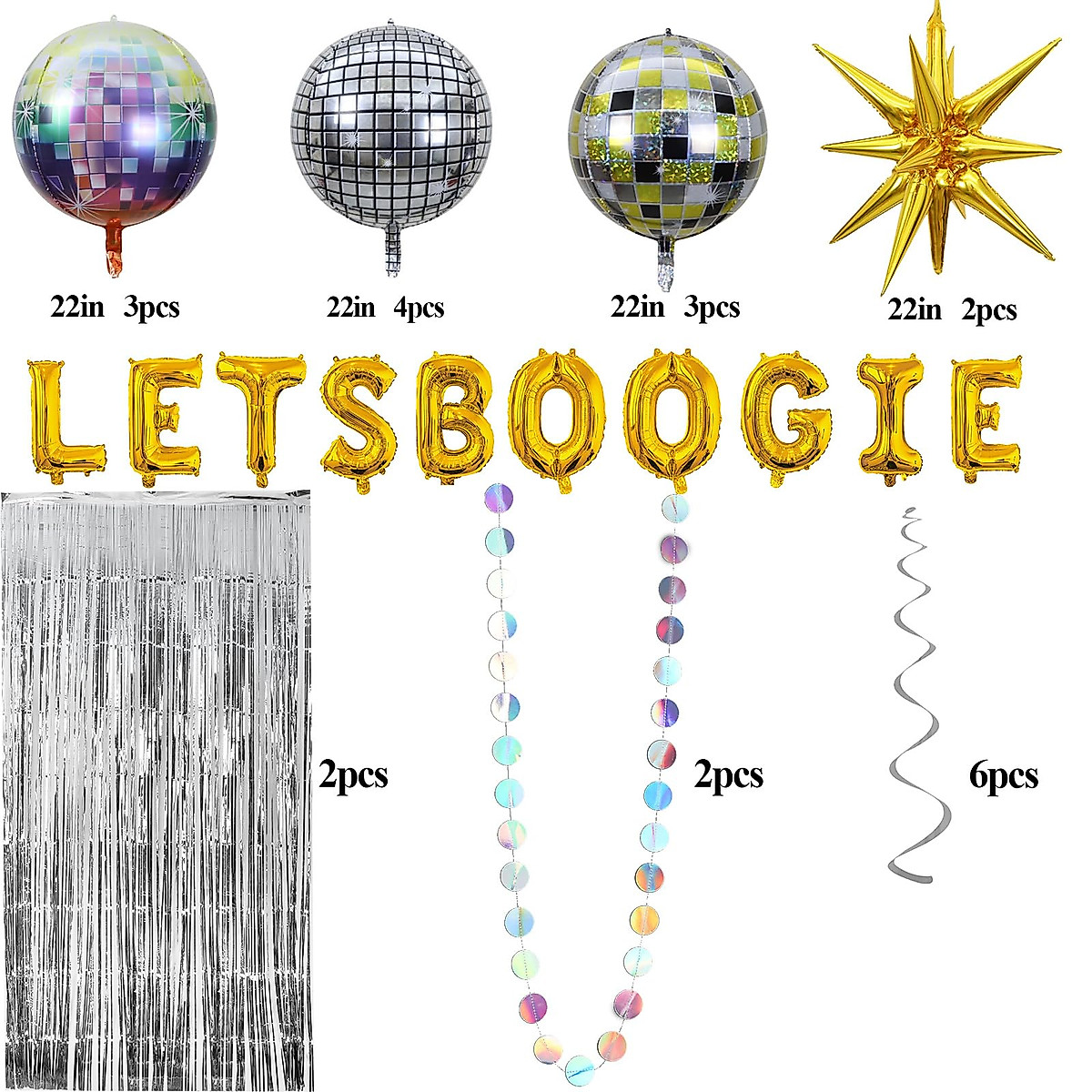 Vurxanqo Disco Party Decor，Disco Ball Balloons，70s 80s 90s Theme Party Decor，Silver Backdrop Curtain，Silver Fringe Sequin Backdrops，Bachelorette B'day Iridescent Streamers Party Decor，Silver，Gold