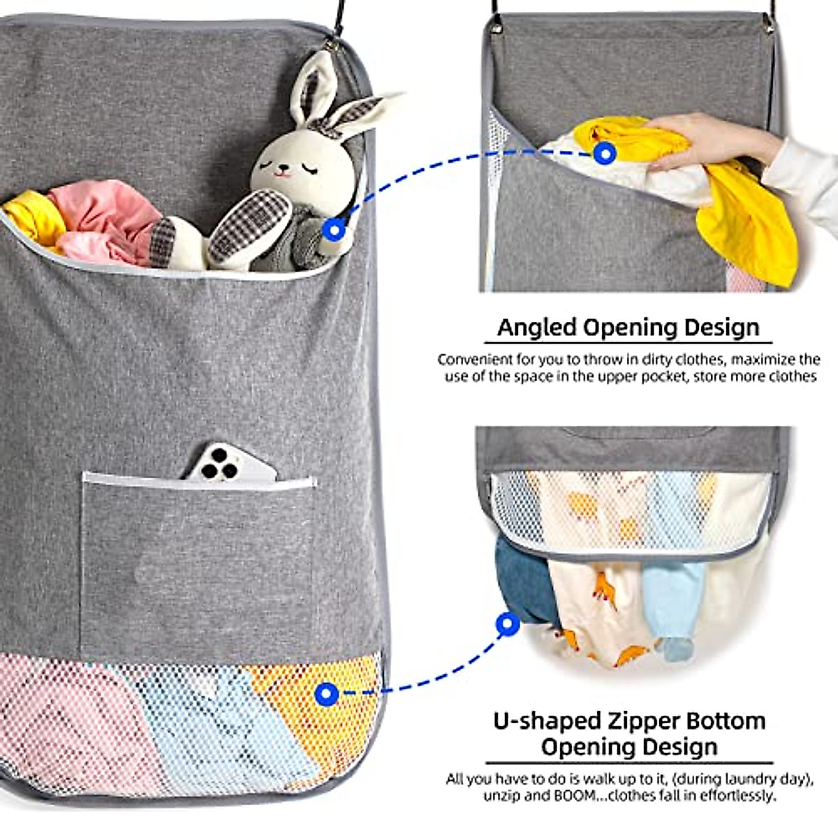 KOOZTI Hanging Laundry Hamper Bag, Over the Door Laundry Bag with U-Shaped Bottom Zipper Opening, Breathable Honeycomb Mesh window, Space Saving Laundry Bag with 2 Types of Hooks