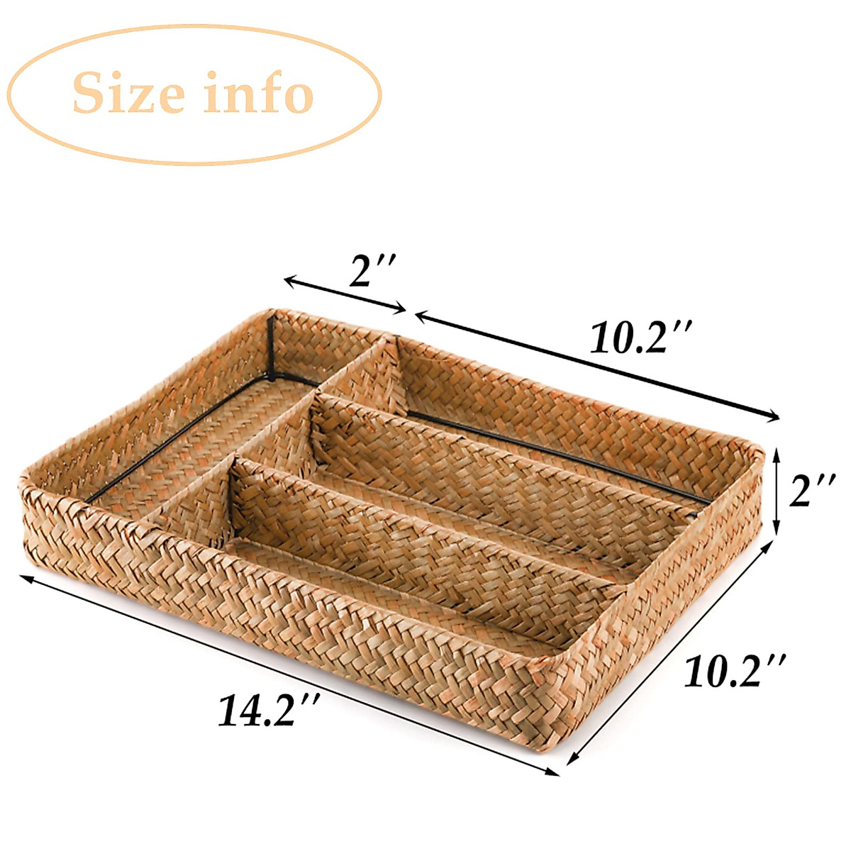 Lyellfe 2 Pack Tea Bag Organizer, 4 Divided Sugar Packet Holder, Handmade Seagrass Wicker Storage Basket for Organizer, Silverware Drawer for Paper, Cutlery, Coffee Pods, Snack