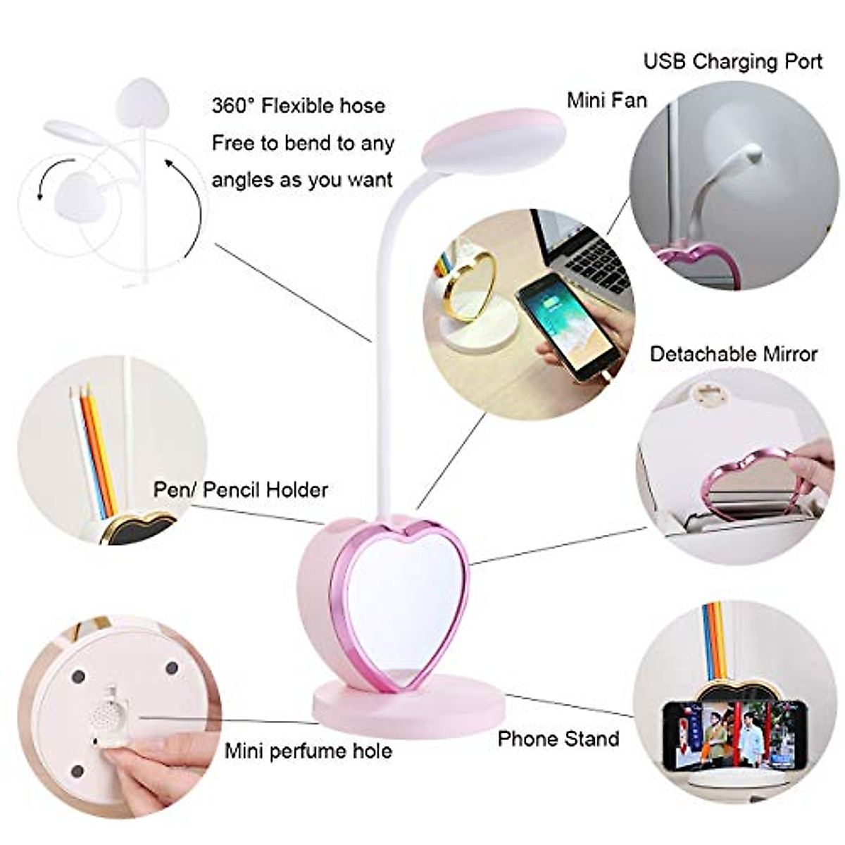 Hallocool Pink Desk Lamp for Girls Bedroom Cute Desk Lamp 6 in 1 Eye-Caring Study Table Lamp for Kids Girls Women College Dorm Bedroom Reading,Stepless Dimming