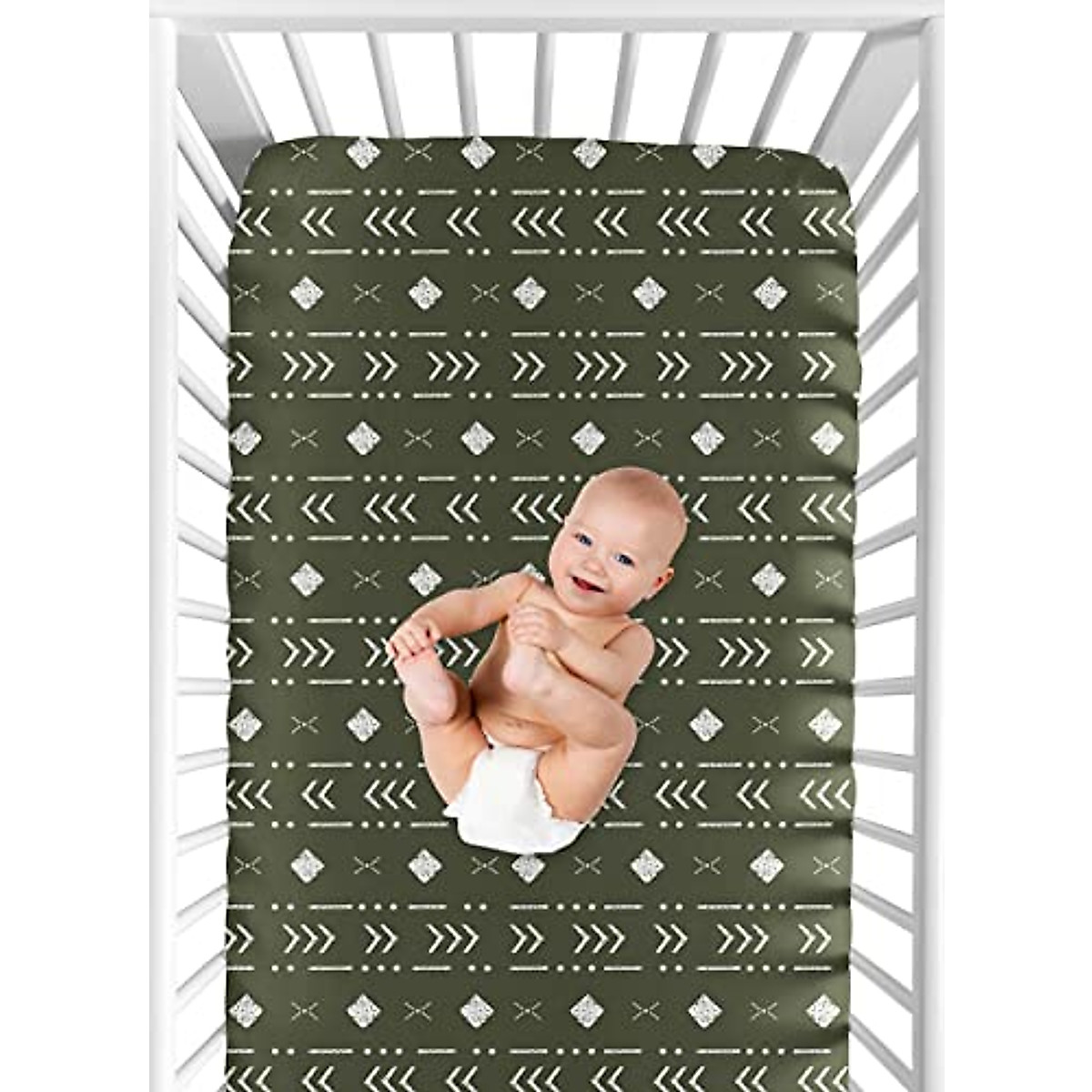 Sweet Jojo Designs Hunter Green Boho Tribal Mudcloth Boy or Girl Fitted Crib Sheet Baby or Toddler Bed Nursery - White Woodland Bohemian Southwest Geometric Arrow Gender Neutral Aztec Mud Cloth