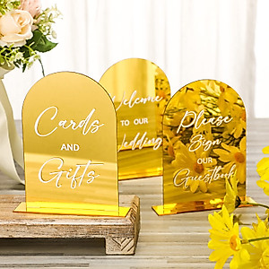 Woanger 4 Pcs Arch Acrylic Wedding Reception Signs with Stand Gold Gifts and Cards Sign with Holder Arched Round Top Welcome Wedding Signs 4 x 6 Acrylic Signs Please Sign Our Guest Book Sign for