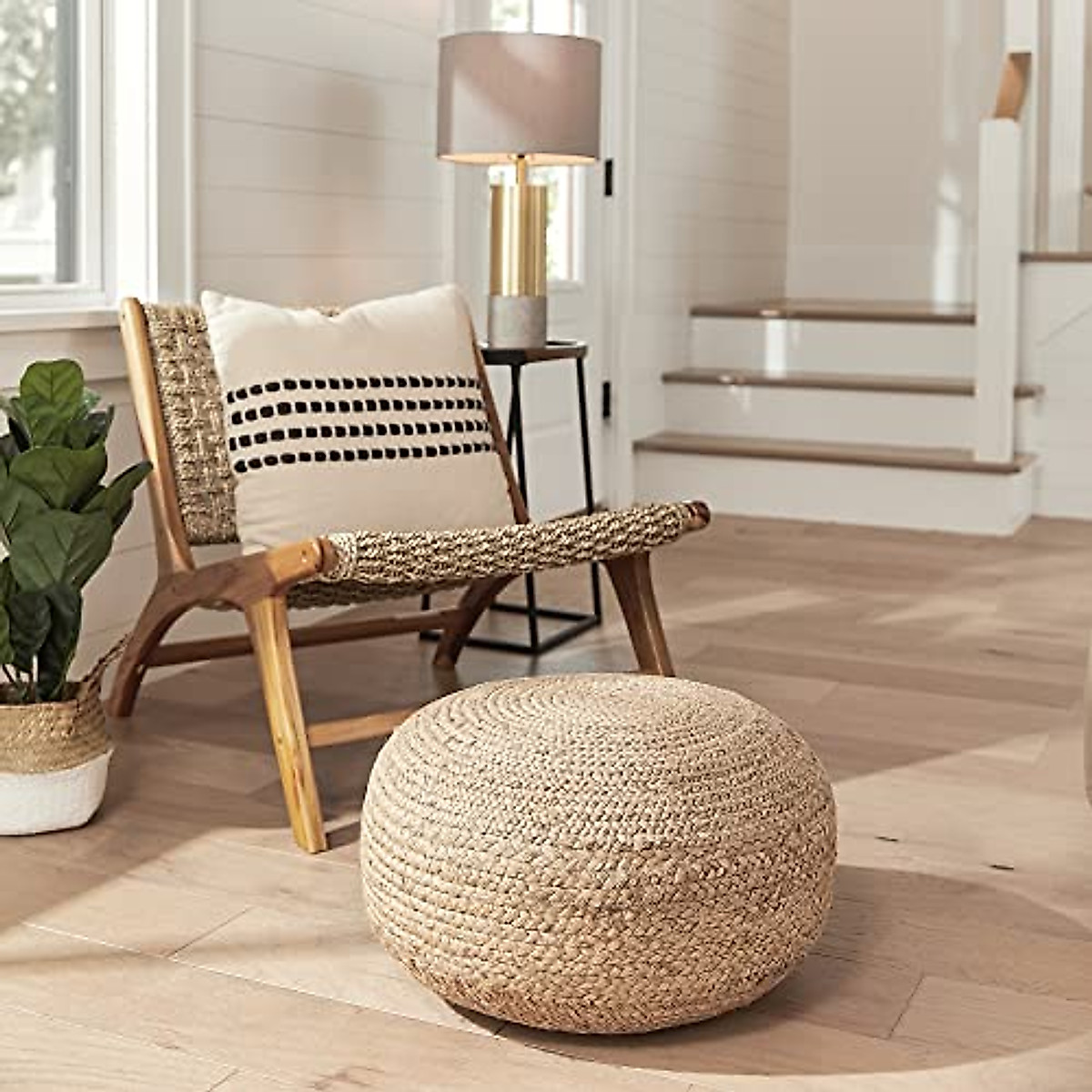 Decor Therapy Round Braided Natural Jute Woven Pouf Ottoman, 19" x 10"