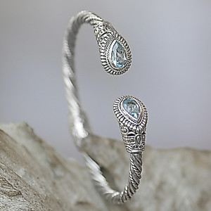 NOVICA Artisan Handmade Blue Topaz Cuff Bracelet Sterling Silver from Indonesia Birthstone [6 in L (end to End) x 0.3 in W] ' Bright Eyes'