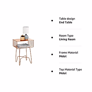 mDesign Steel Side Table Nightstand with Storage Shelf Basket for Bedroom, Living Room, Home Office; Rustic Bedside End Table, Industrial Modern Accent Furniture - Concerto Collection - Rose Gold