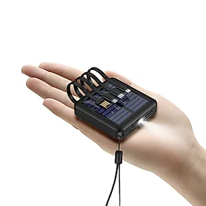 Solar Power Bank 12000mAh,Small Solar Charger Built in 4 Cables,USB C Input/Output,Dual Flashlight External Battery Portable Charger Power Bank for iPhone15/14/13/12/11/10/9/8,Tablet,Samsung (black)