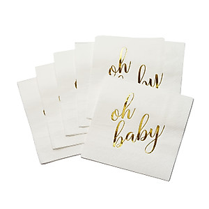 100 Pcs "Oh Baby" White Napkins - 3-Ply White and Gold Cocktail Napkins Baby Shower Party Supplies - Eco-friendly Party Napkins for Dessert Beverage & Table Decorations
