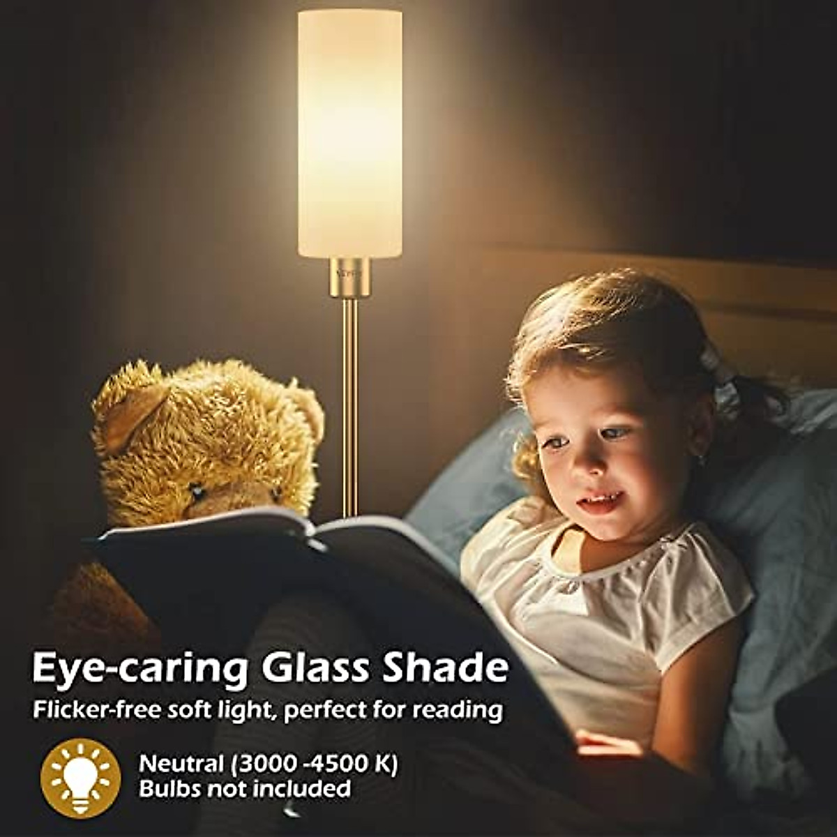 VEYFIY Floor Lamp Set of 2, Lamps for Bedroom and Living Room, Modern Standing Light with Glass Lampshade, Industrial Tall Lamp with E26 Socket, Light for Work, Reading, Black (Bulb Not Included)