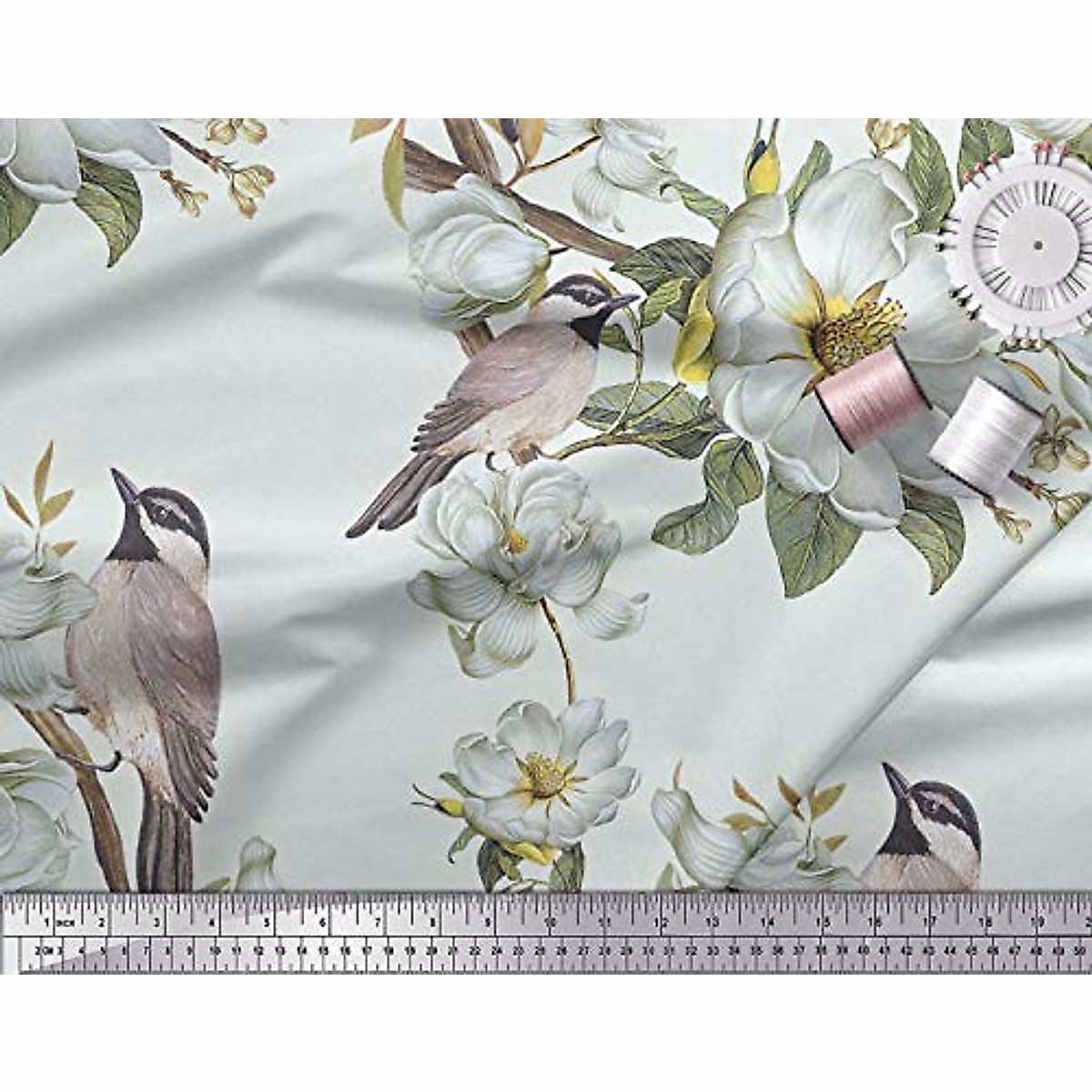 Soimoi Green Cotton Canvas Fabric Leaves,White Floral & Bird Print Fabric by The Yard 56 Inch Wide