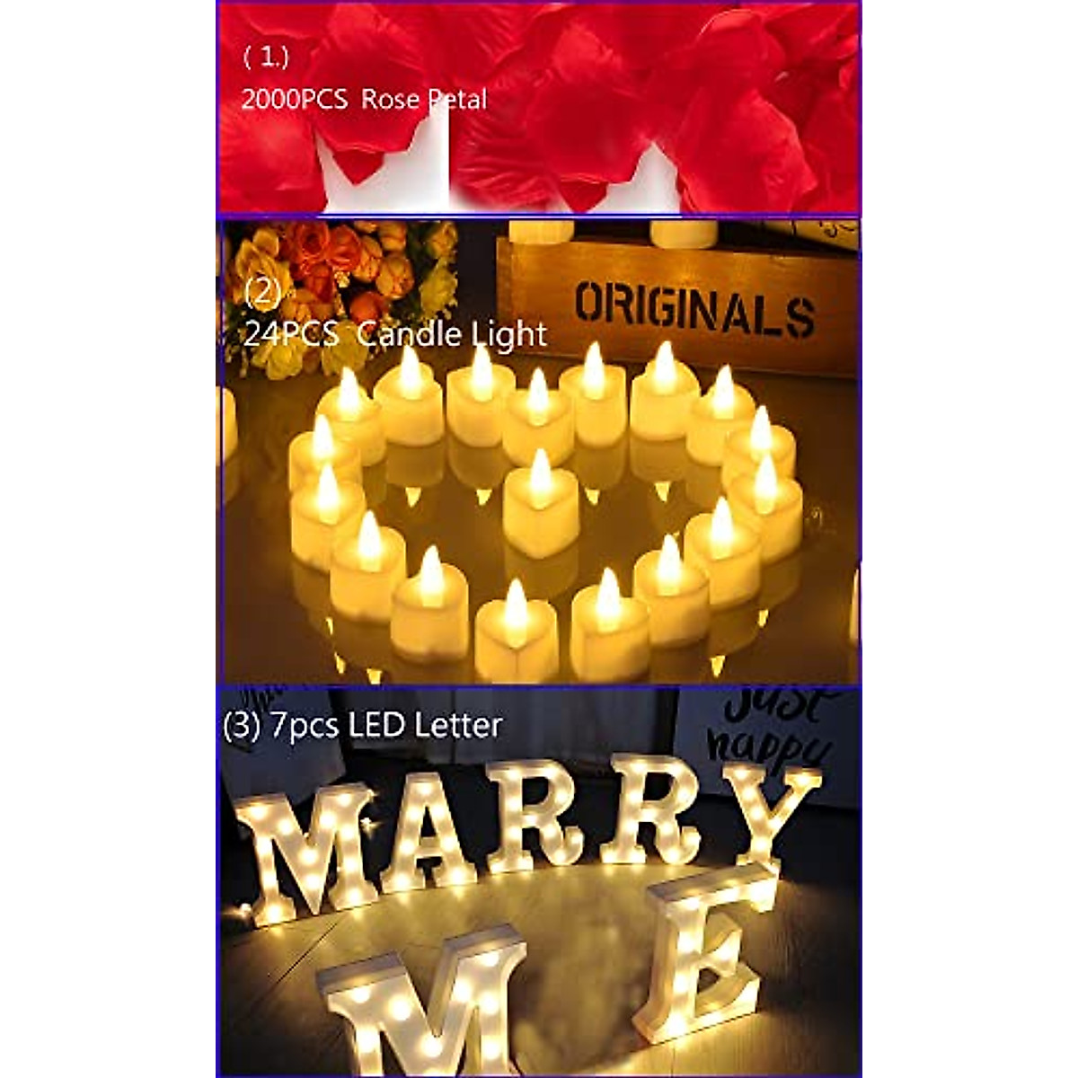 Gyunjux MARRY ME Sign LED Light Up Letter LED Candle Tealigth Red Rose Petal Valentine Gift Warm White LEDs Proposal Sign Will You Marry Me Sign Wedding Sign Engagement Sign Romantic Proposal Decoration Kit