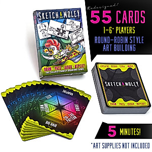 SketchaMoley Silly Family Drawing Game of Round Robin Art Mashups! 1-6+ Players. 55 Cards Travel Deck. Creative Stocking Stuffer Gifts for Kids Teens Artists Daily Art Prompts Ideas