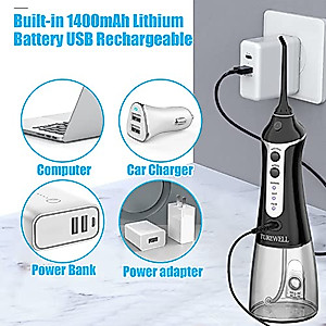 TUREWELL Water Flossing Cordless Oral Irrigator - 300ML Portable IPX7 Waterproof Water Teeth Cleaner, 3 Modes Water Cordless Oral Irrigator for Teeth/Braces, 5 Water Jet Tips for Travel & Family Use