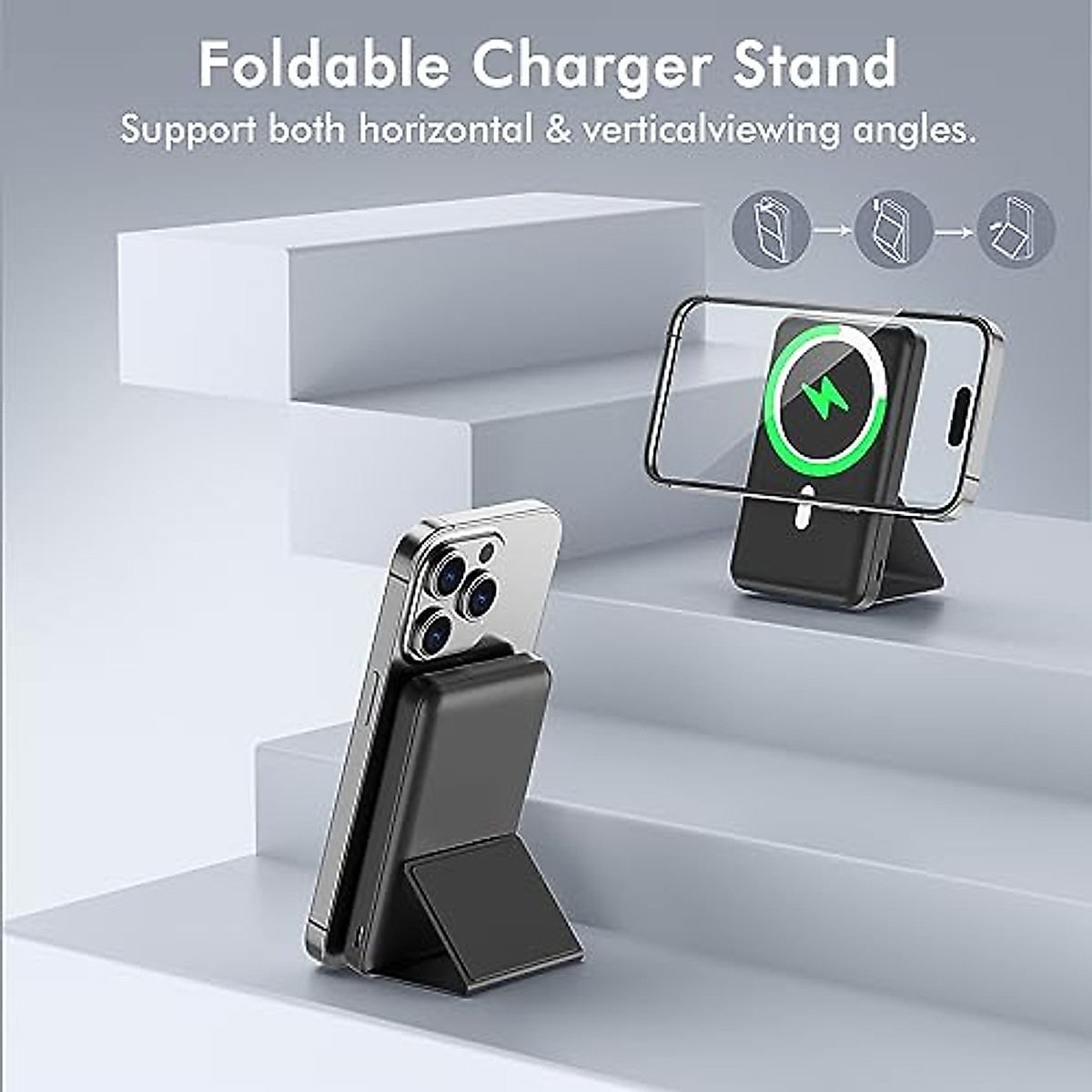 podoru Magnetic Power Bank, Foldable 10000mAh Wireless Magnetic Portable Charger with USB-C Cable LED Display 22.5W PD Fast Charging Magnetic Battery Pack for iPhone 15/14/13/12/Mini/Pro Max-Black