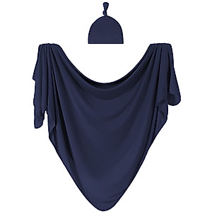 Bayceen Large Jersey Knitted Swaddle Blanket for Baby, Soft Stretchy Receiving Blanket for Newborns with Hat, Large 47 x 47 inches (Navy)