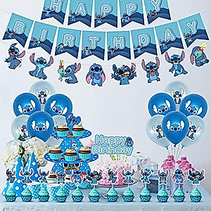 3-Tier Blue Themed Cupcake Stand, Stitch Birthday Decoration Round Dessert Stand, Stitch Party Supplies Cupcake Display for Boys Girls Birthday Baby Shower