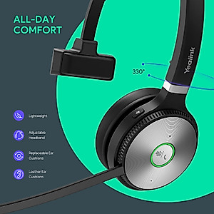 Yealink WH62 Wireless DECT Mono Headset Teams Certified, Wireless Headphones with Noise Canceling Microphone for PC Computer Laptop Mac, Office Desk Phone Softphones VoIP Telephones