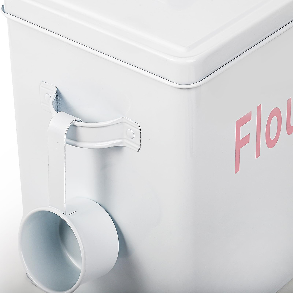 Youeon 1.5 Gallon Metal Flour Storage Container with Airtight Lid and Measuring Scoop, Square Flour Canister with Handle, White Flour Canister for Kitchen Counter, Farmhouse Decor