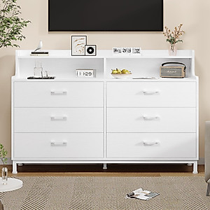 DICTAC White Dresser for Bedroom, 6 Drawers Double Dresser with Shelves, Wood Chest of Drawers, Large Capacity Storage Organizer Dresser for Bedroom, Living Room, Hallway