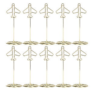 Cyrank 10pcs Table Number Holders, 3.9in Gold Place Card Holders Centerpieces Photo Holder Clips Wire Picture Clips Airplane Design Memo Note Photo Stand