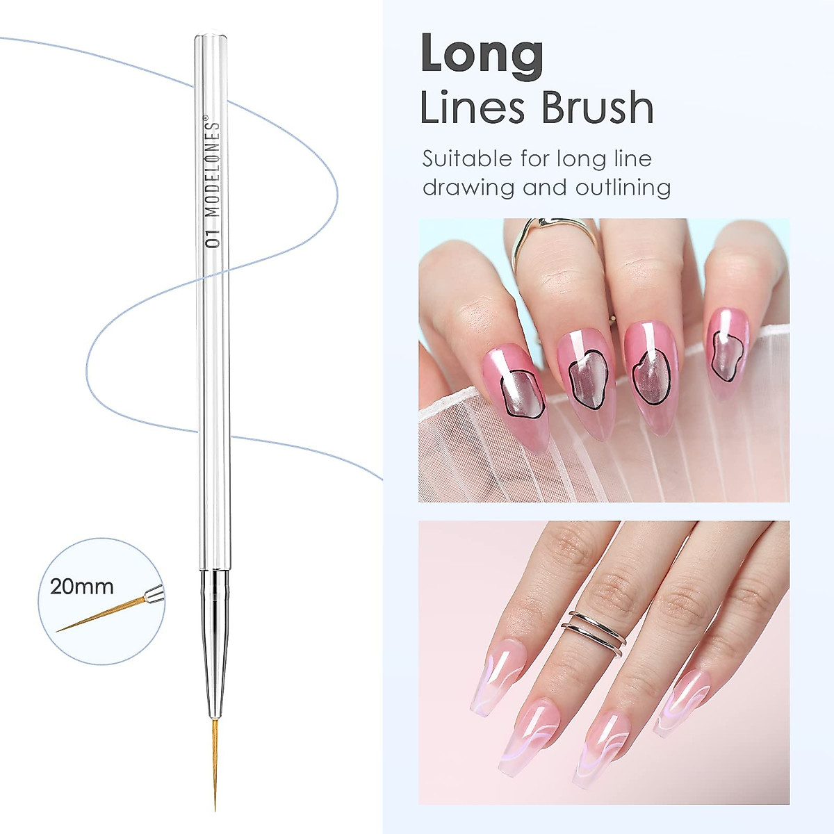 Modelones Nail Art Brushes, Liner Brushes 5Pcs Thin Nail Brush Set for Nail Art Nails Gel Polish Painting Designs with Hexagonal Shape Easy Hold 5/7/9/11/20mm