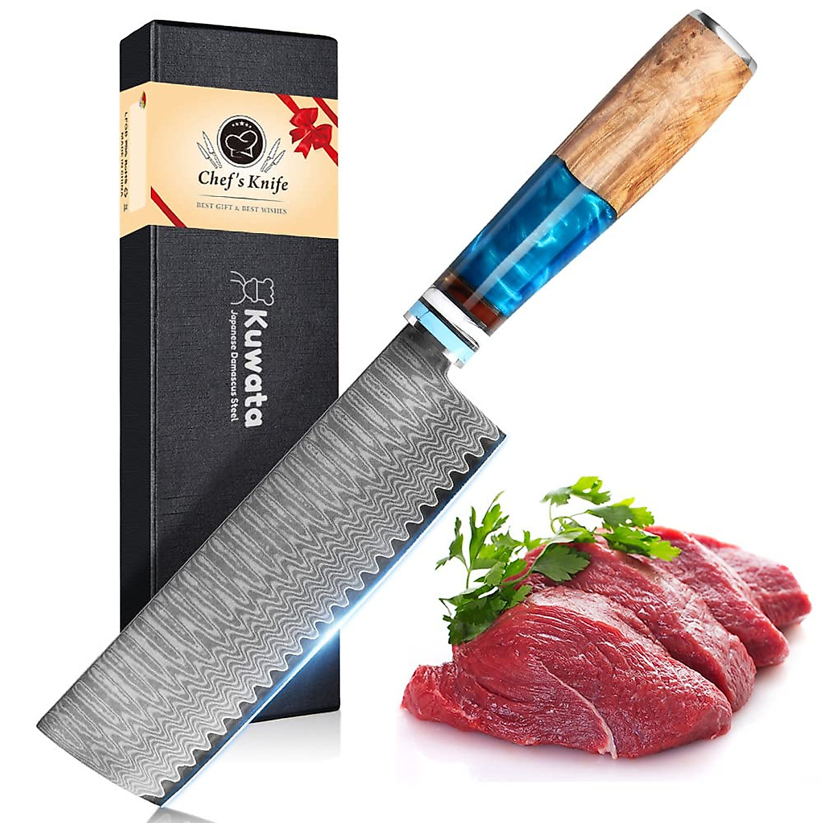 Kuwata Nakiri Chef Knife, Japanese VG-10 High Carbon Steel Damascus Professional Kitchen Chefs Cooking Knife in Gift Box, G10 Ergonomic Handle, Gift Box for Family, Restaurant