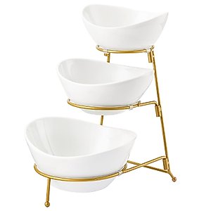 HBlife 3 Tier Oval Bowl Set with Metal Rack, Ceramic Fruit Bowl Serving, Tiered Serving Stand for Dessert Appetizer Cake Candy Chip Dip (Gold)