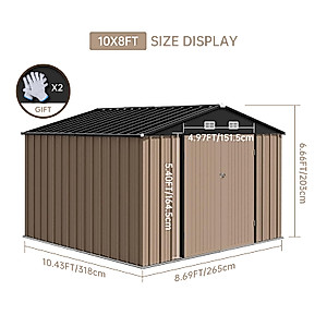 10x8 FT Metal Outdoor Storage Shed, Zstar Steel Utility Tool Shed Storage House with Lockable Door Design, Metal Sheds Outdoor Storage for Garden, Patio, Backyard, Outside Use, Brown