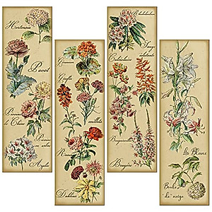 4 Pcs Wood Vintage Flowers Wall Decor Wildflower Wall Art Cottagecore Plant Floral Wall Decor Rustic Botanical Fleurs Hanging Decorations for Bedroom Room Aesthetic Decors Frame, 15.8 x 4.7 Inch