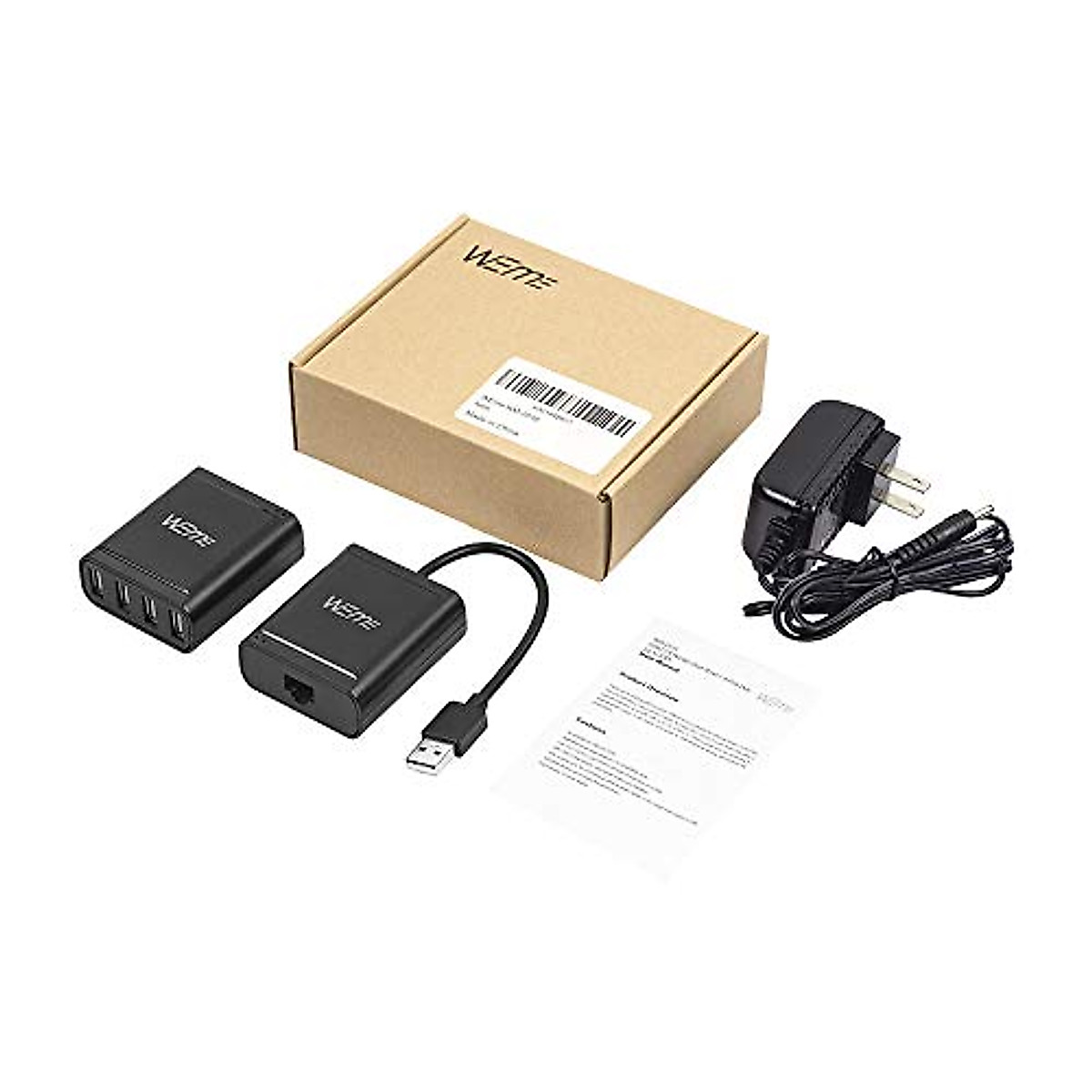 WEme USB Extender, 4-Port USB 2.0 Ethernet Extender Hub Over Cat5/ Cat5e/ Cat6 Cable Connection up to 60Meters/196FT, RJ45 Lan Extension with Power Adapter for Logitech Webcam, Camera, Speakerphone