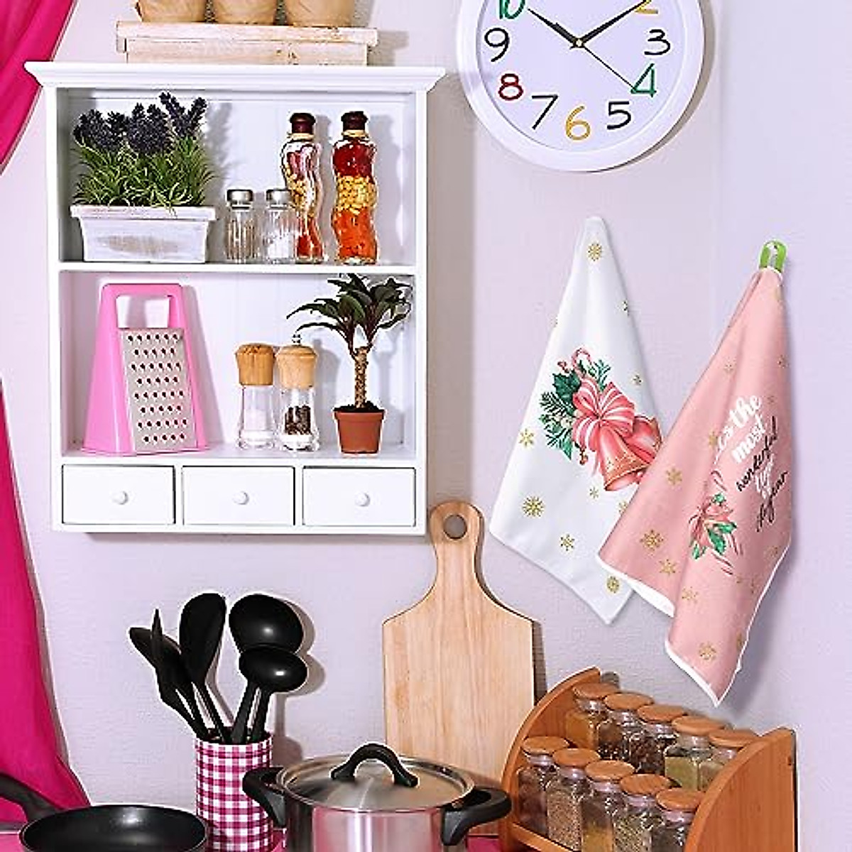 Preboun 6 Pcs Christmas Kitchen Towels Santa Reindeer Stripe Dish Towels Christmas Hand Towels Pink Farmhouse Tea Towels for Xmas Kitchen Bathroom Decor