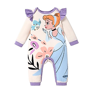 Disney Princess Rapunzel Ariel Belle Tiana Baby Girls Ruffle Long Sleeve Romper Newborn to Infant Apricot 0-3 Months